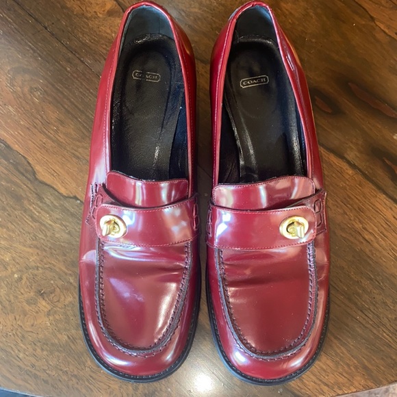 Coach | Shoes | Coach Red Gold Leather Heels Loafers 2 Inch 95 B | Poshmark